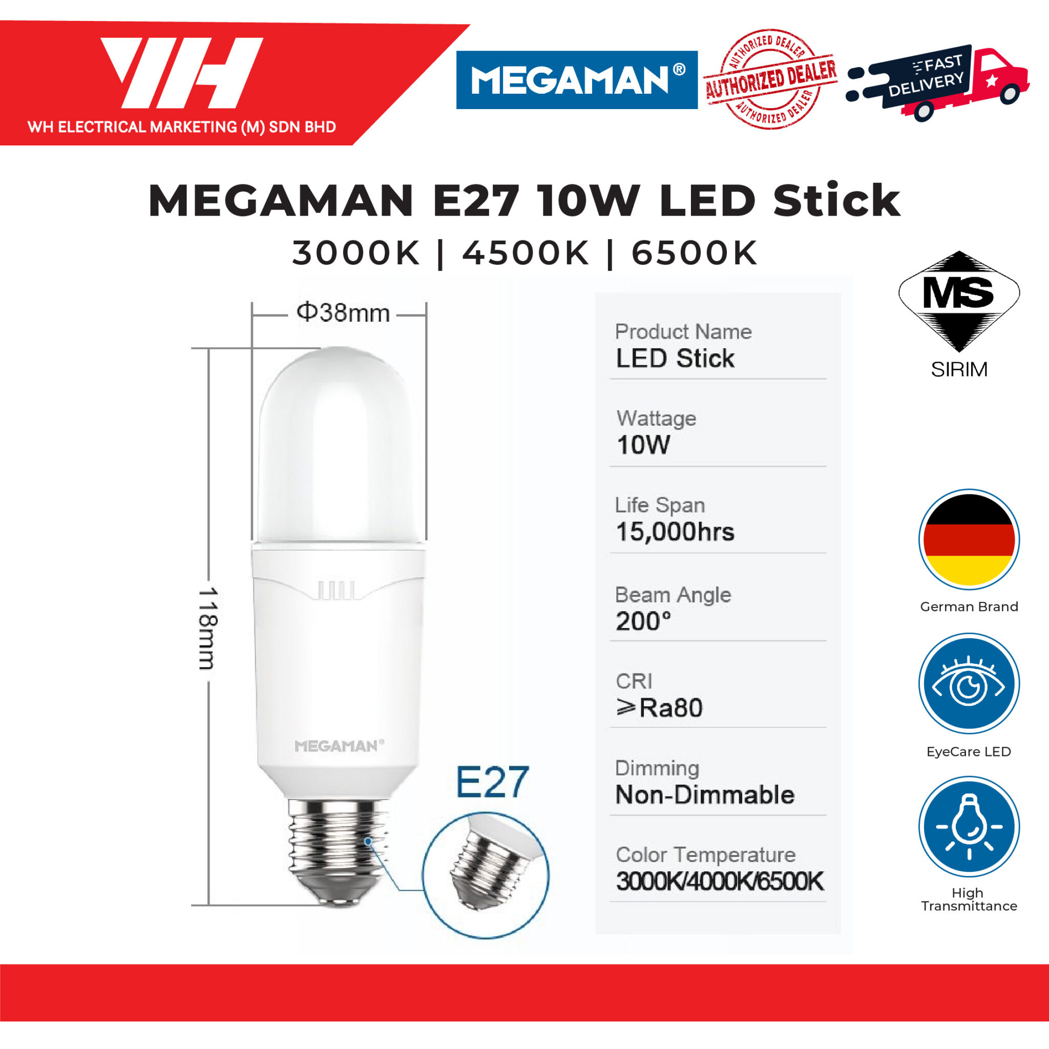 MEGAMAN E27 10W/15W LED Stick - whgrouponline.com