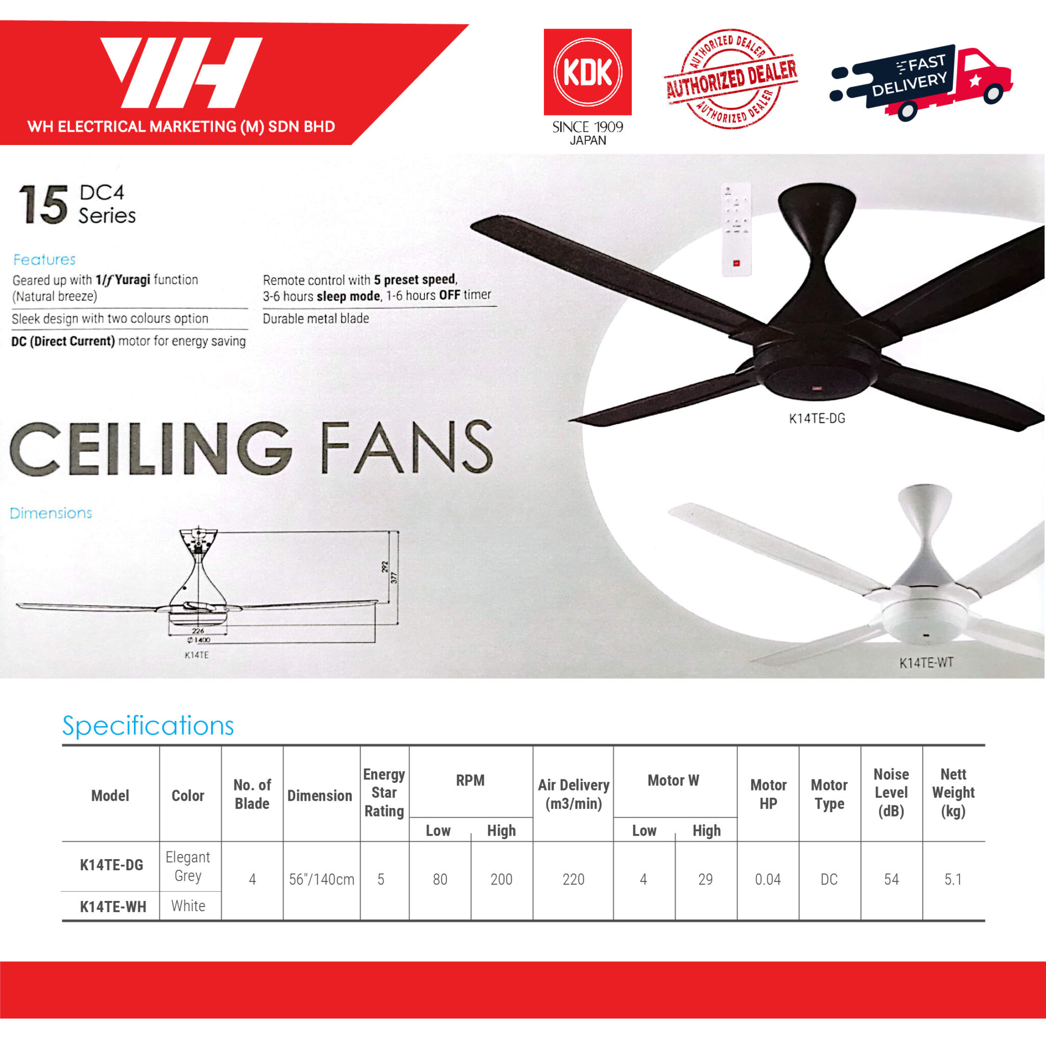 KDK K14TE 4 Blade 56″ Remote Control Ceiling Fan - whgrouponline.com